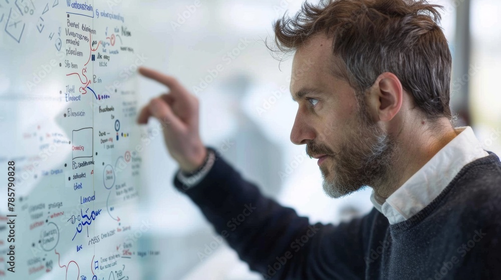 A side profile of a Linguist pointing to a diagram on a whiteboard ...