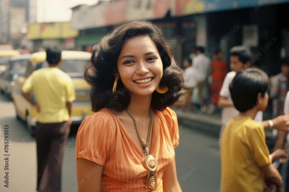Young Filipina woman smiling happy on city street in 1970s Stock Photo ...
