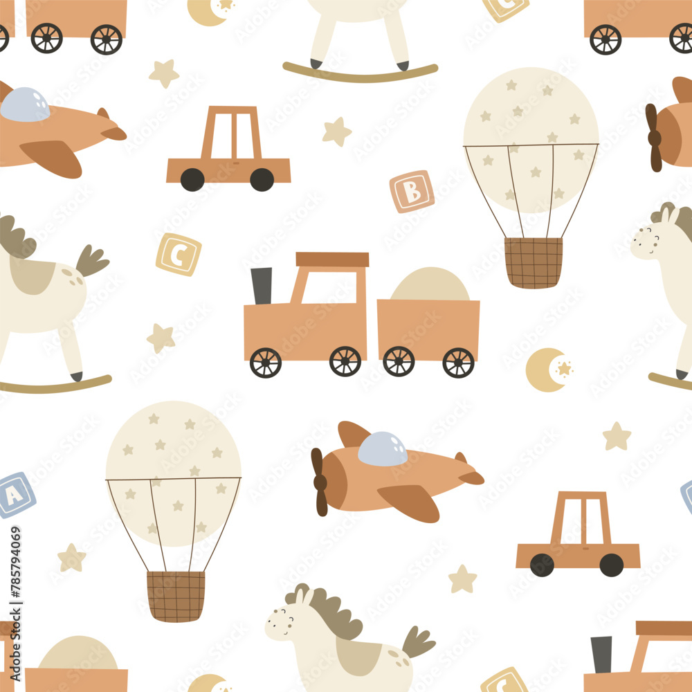 Seamless pattern with cartoon baby decor elements. simple flat vector ...