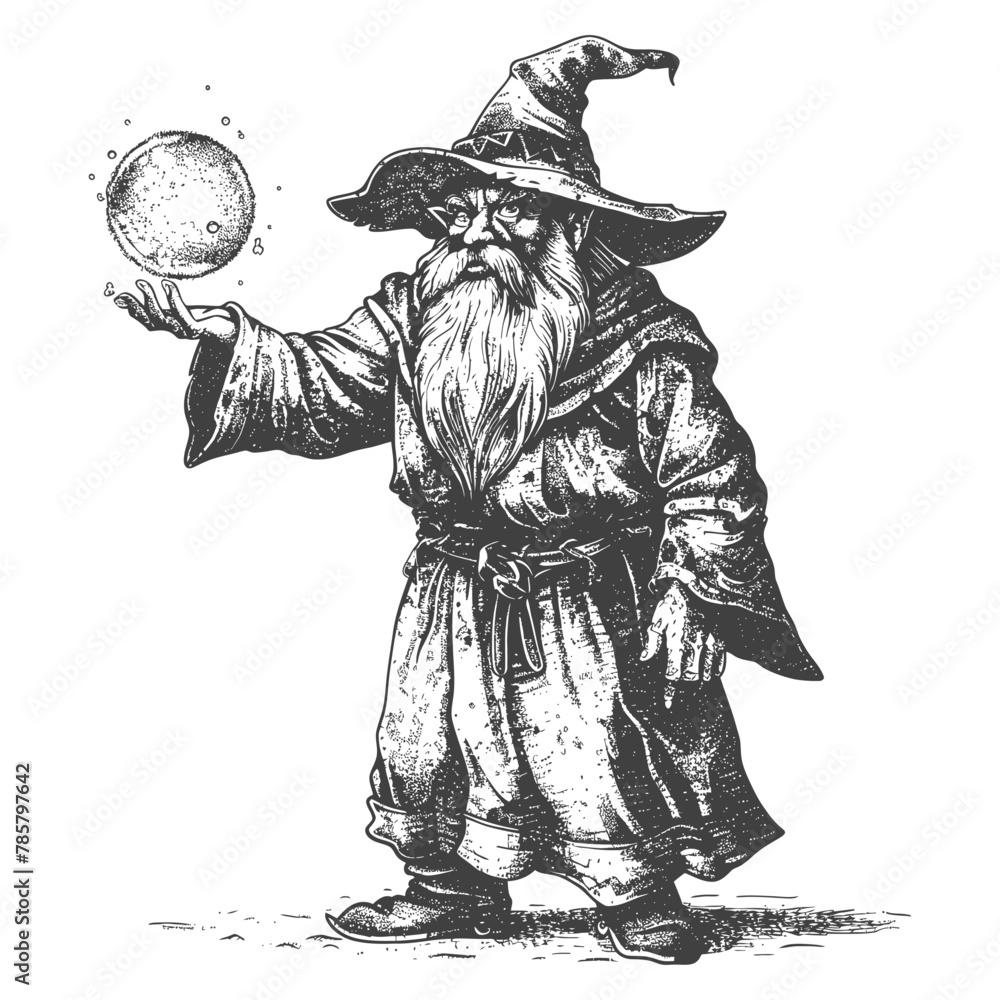 dwarf mage with magical orb full body images using Old engraving style ...