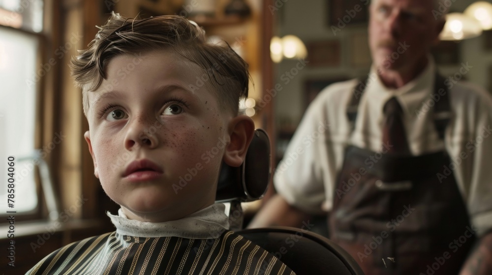 A young boy sits in a vintage barber chair wideeyed as the oldschool ...