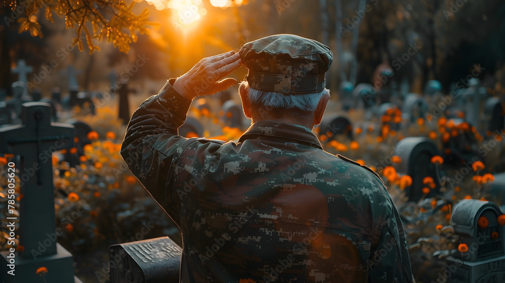 An old male veteran saluting at graves in a cemetery, showing respect ...