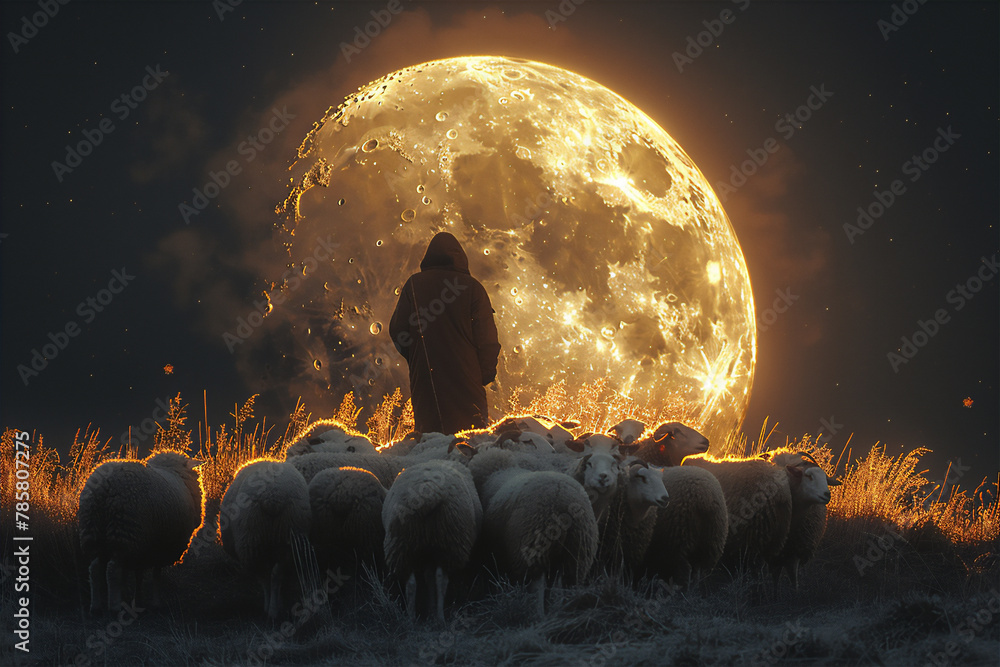 Silhouette a man shepherd with his sheep against giant moon at night ...