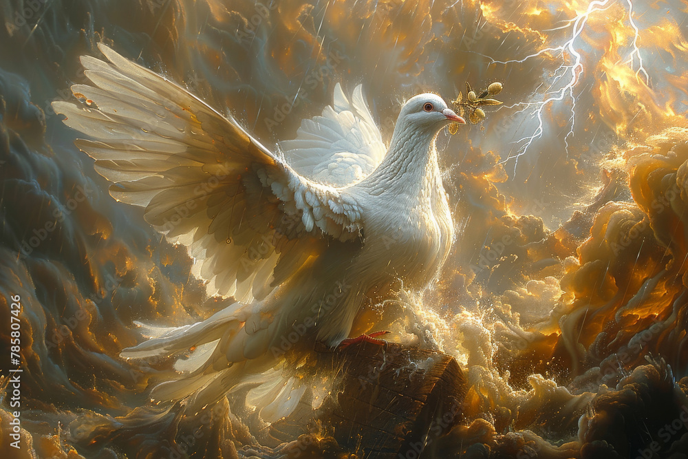 A white dove with an olive branch in its mouth. Noah's Ark, a violent ...