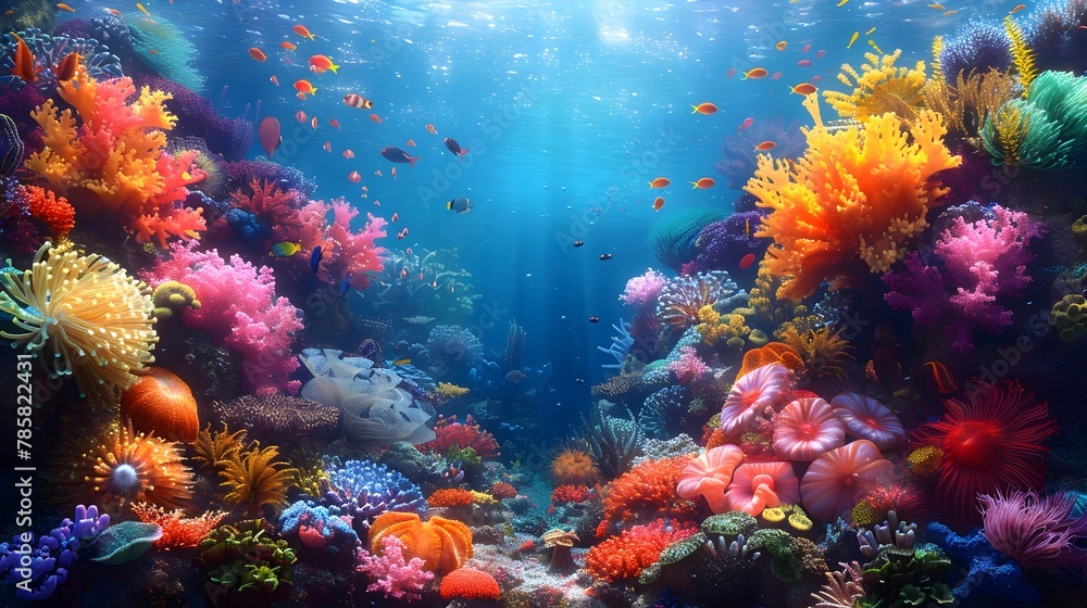 vibrant coral reef teeming with colorful fish, anemones and sea turtles ...