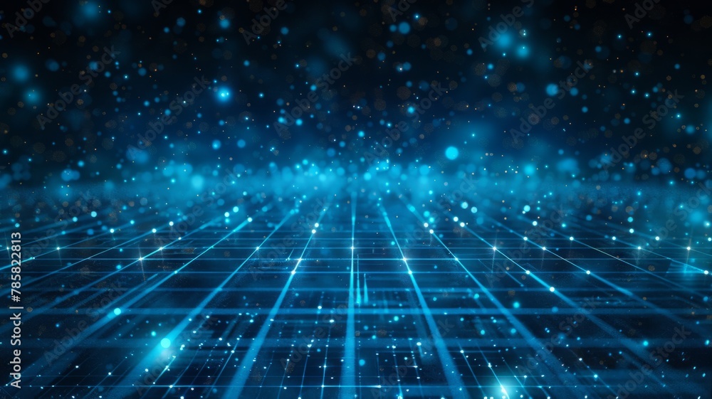 Dynamic blue digital particle grid with sparkles - Dynamic view of a ...