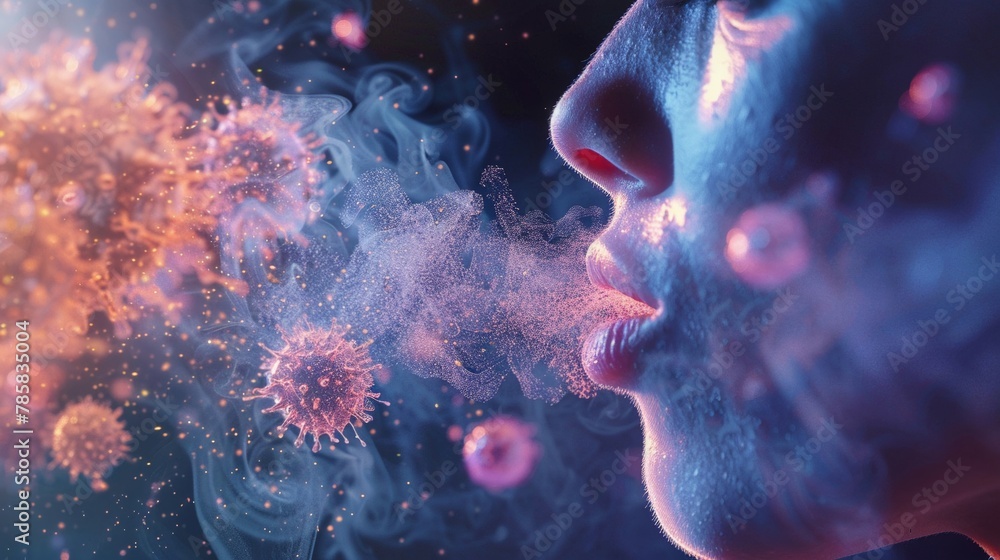 A powerful closeup of a cough in progress, bacteria visible in the air ...