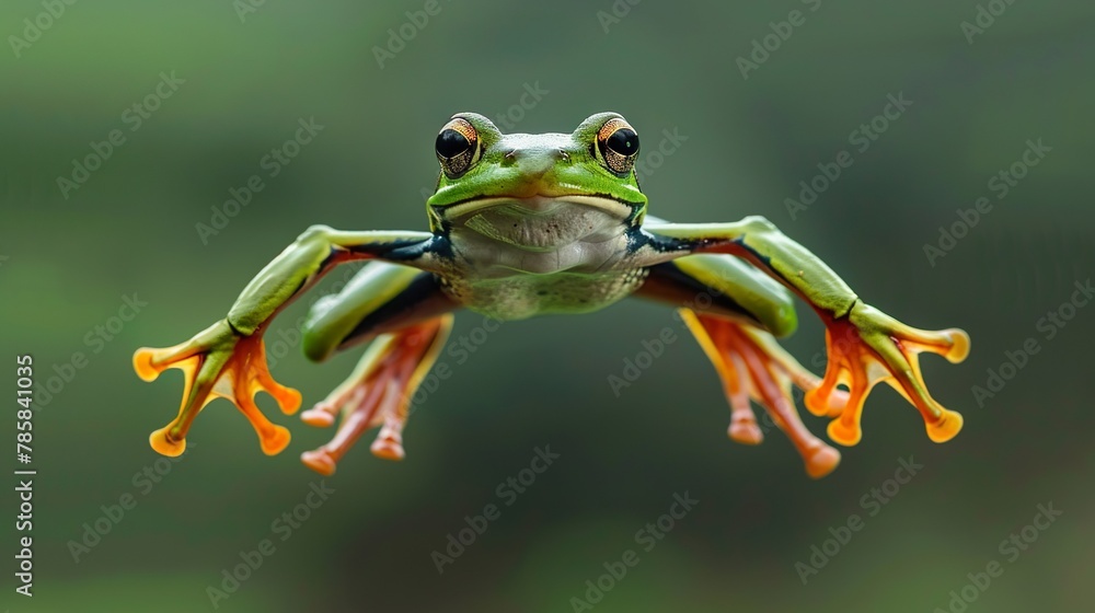 A gliding frog in mid-air, captured in the moment of gliding, with its ...