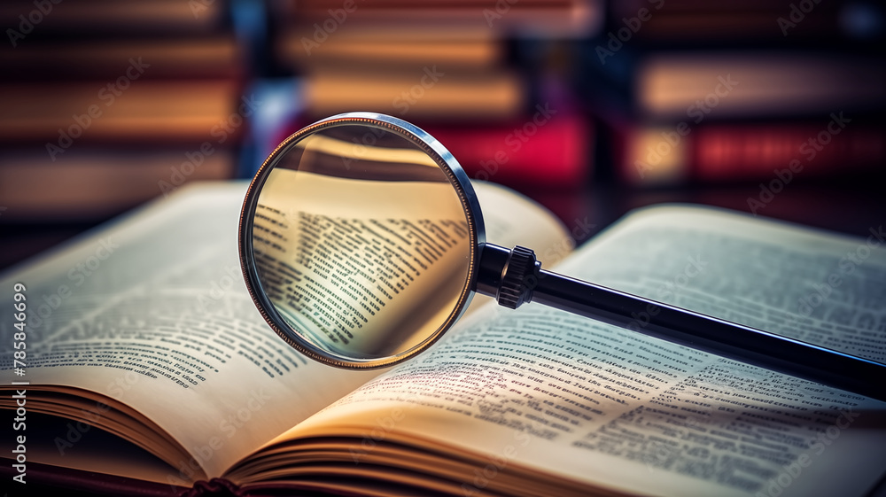 Magnifying glass over open book with blurred bookshelf background ...