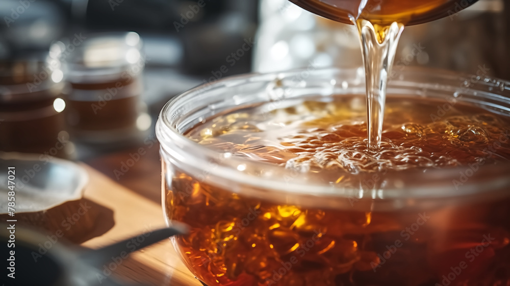 Pouring hot brewed tea into a glass bowl. Beverage and relaxation ...