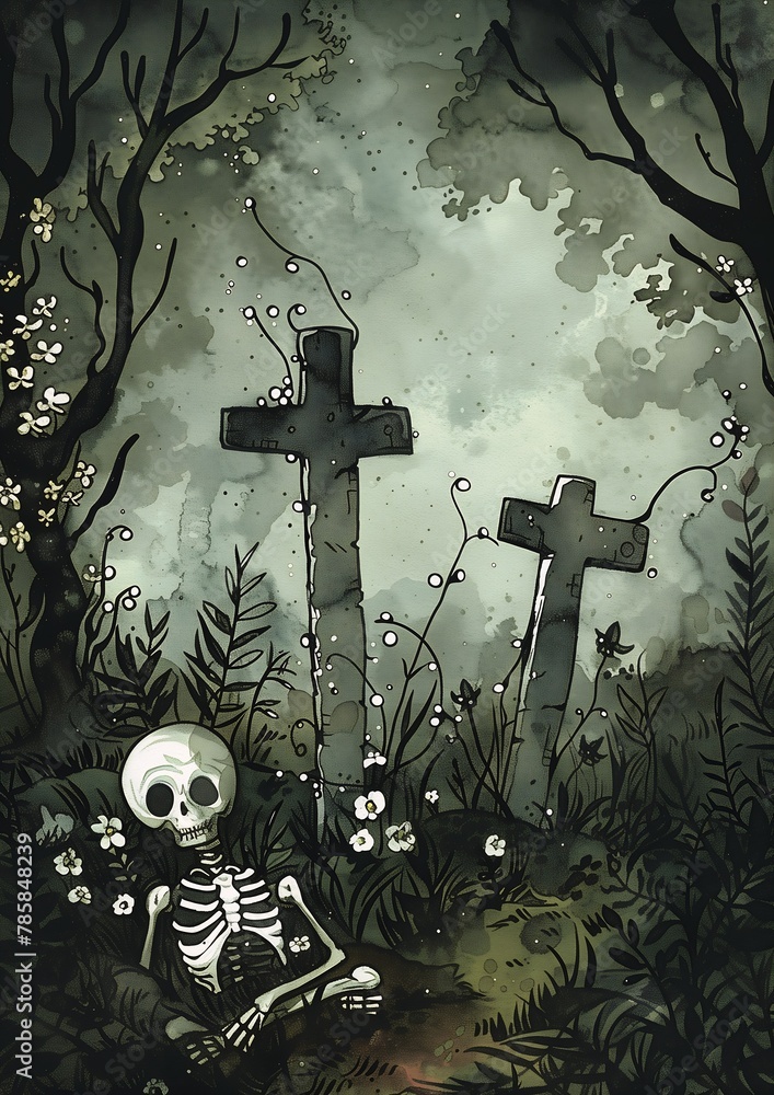 skeleton sitting grass near cross illustrated woods background dead ...