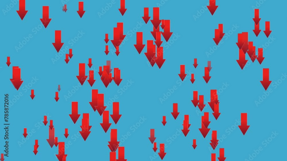 Red Arrow rain animation sign symbol on blue screen, red color moving ...