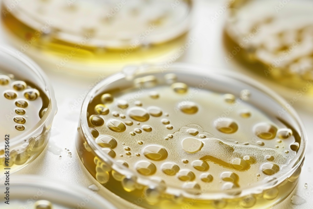 Close-up of yellowish bacteria cultures in nutrient agar showing bubble ...
