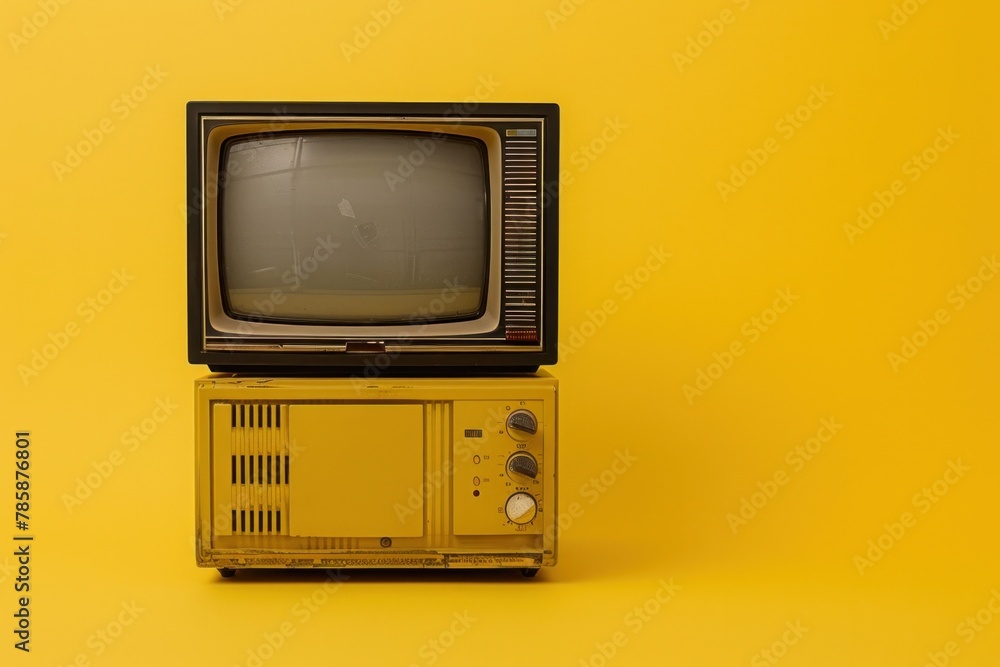 Retro yellow television on a matching yellow background with dials and ...