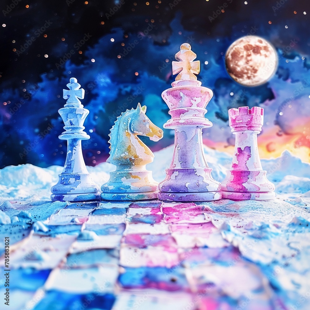 Stock market themed chess set on the moon surface, kings and queens as ...