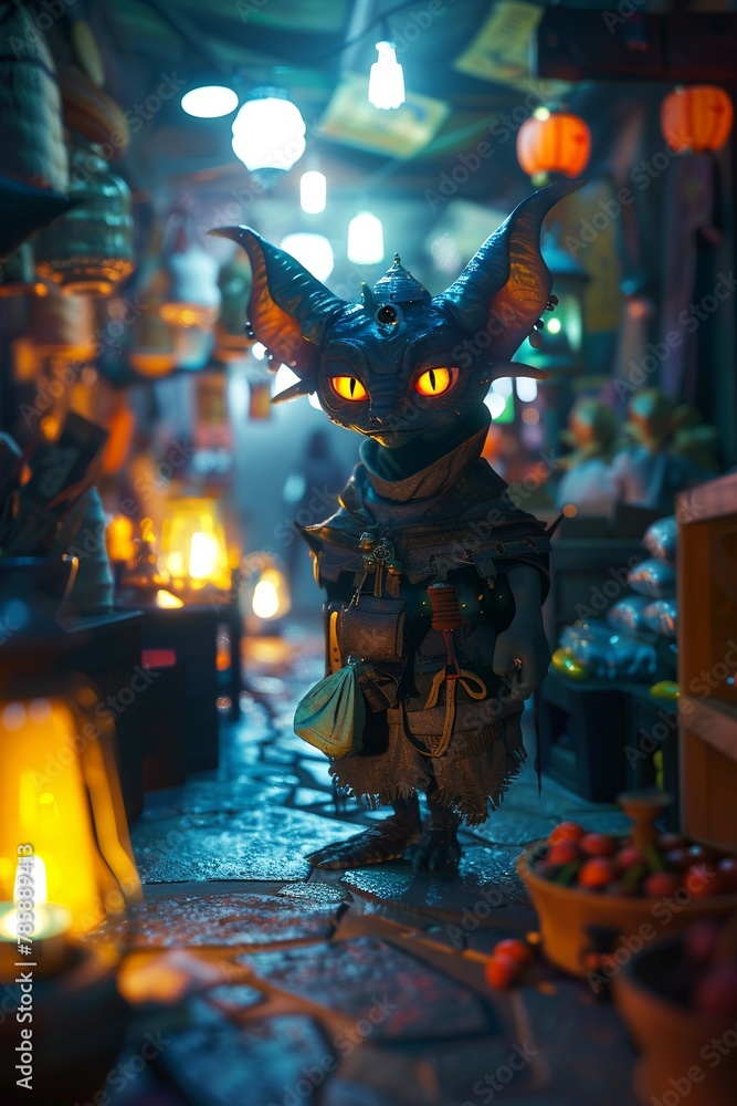 Mystical tiefling merchant in a shadowy bazaar, glowing eyes, dim light ...