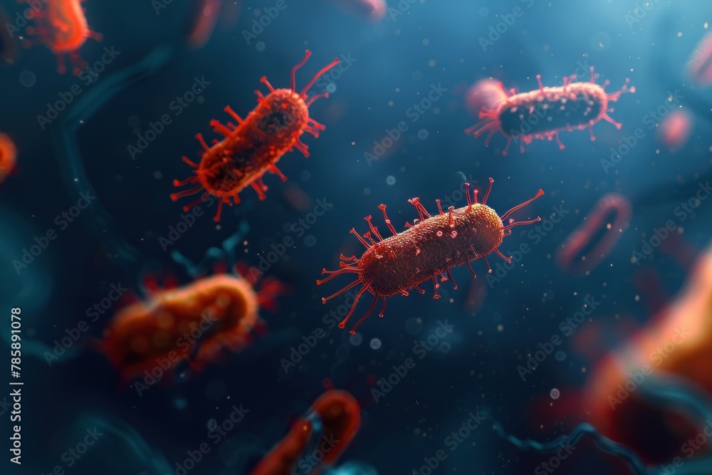 Detailed 3D Rendering of Red Bacteria Cells Under Microscope ...