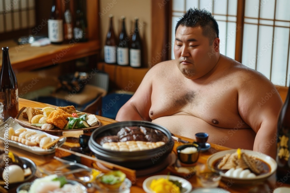 Overweight sumo wrestler enjoying a feast at a traditional Japanese ...
