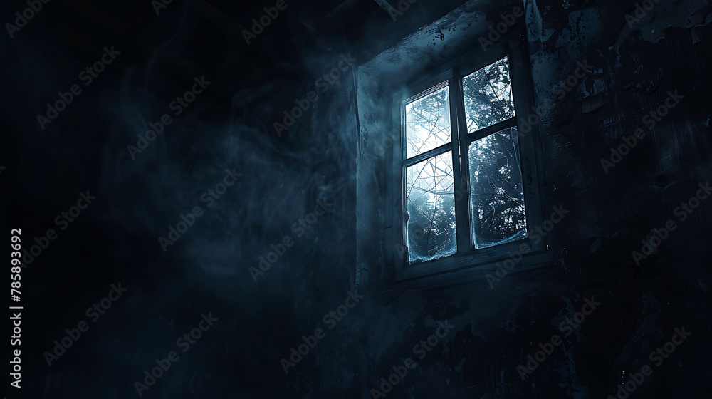 Abstract horror background for halloween. Gloomy scary window with ghostly light and shadow in ...