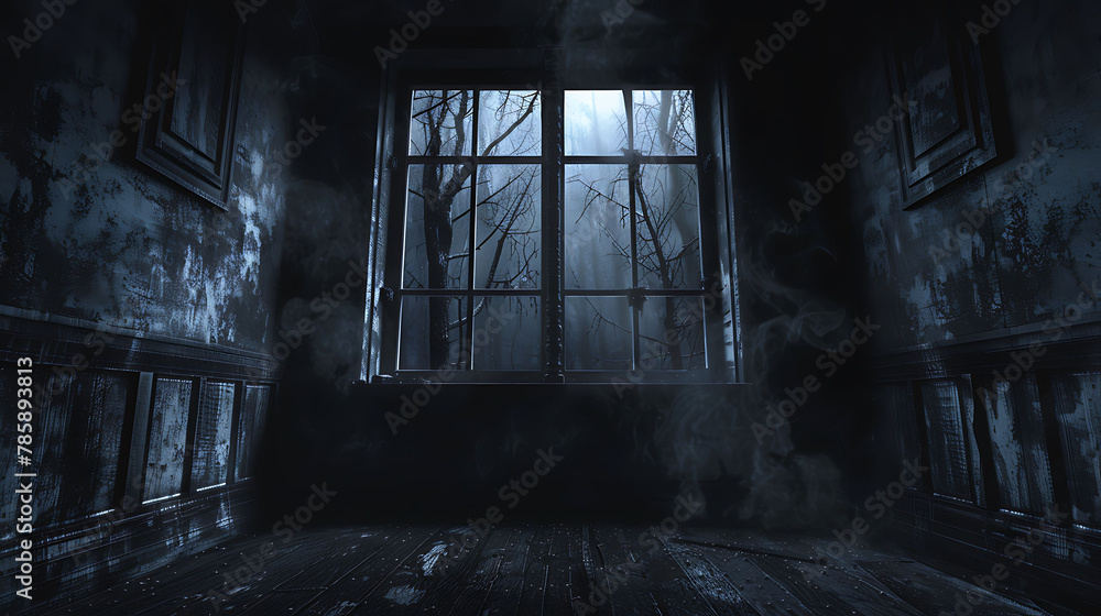 Abstract horror background for halloween. Gloomy scary window with ghostly light and shadow in ...