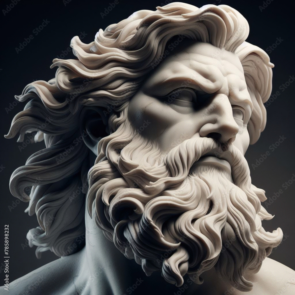 Handsome marble statue of powerful greek god Zeus over dark background ...