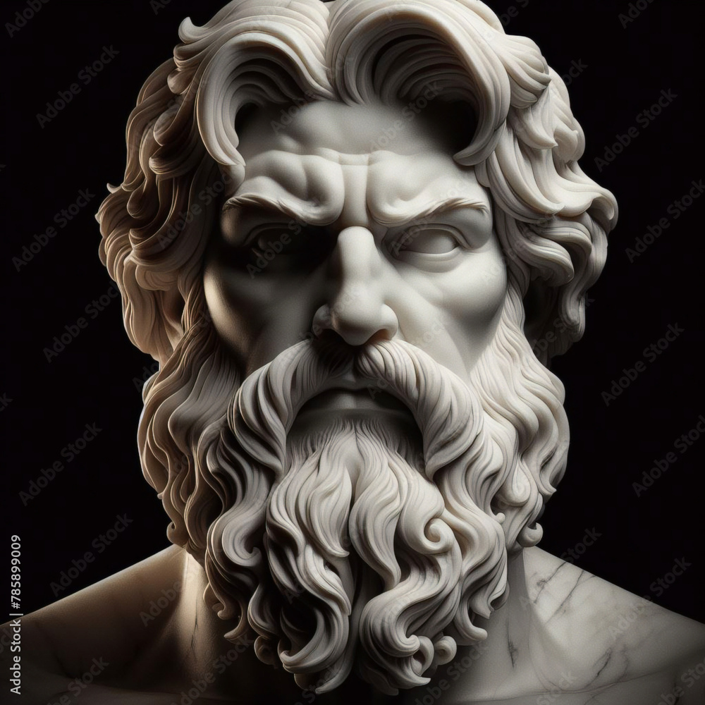 Handsome marble statue of powerful greek god Zeus over dark background ...