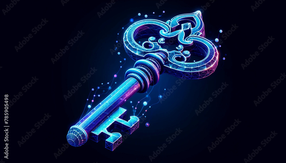 A key with a blue and purple design is shown in a black background. The ...