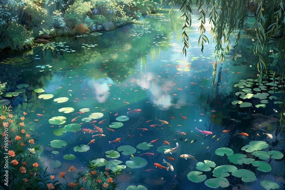 A tranquil pond teeming with lily pads and vibrant fish, its surface ...