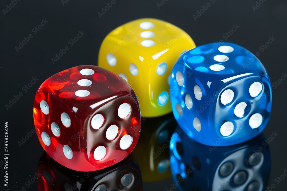 3 colorful dice, red blue and yellow with white dots on a black ...