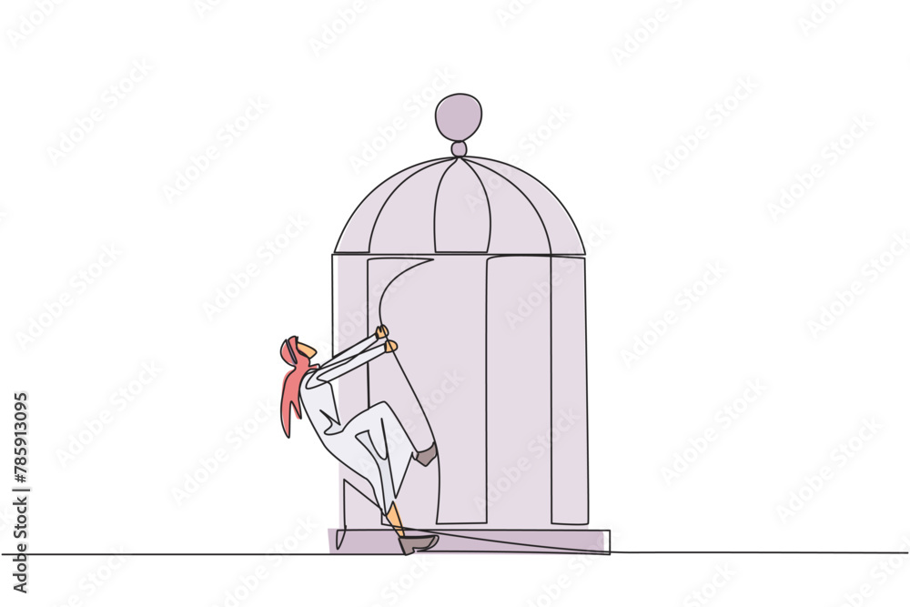 Single continuous line drawing Arabian businessman pull iron bars until ...