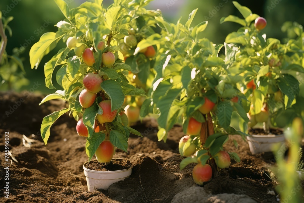 Mini Orchard: Small fruit trees with fruits in different stages of ...