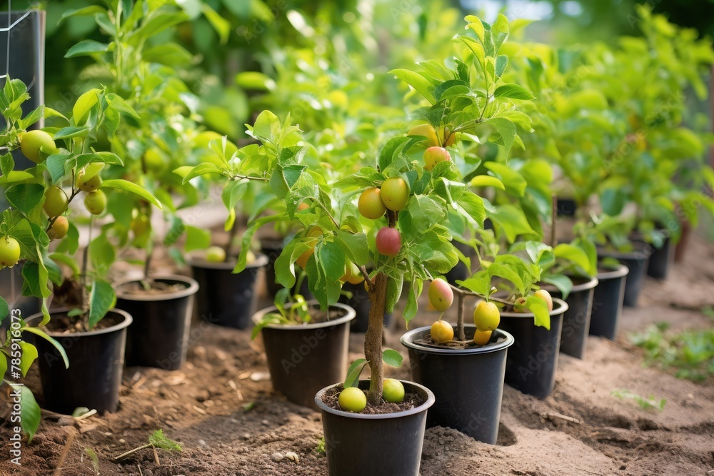 Mini Orchard: Small fruit trees with fruits in different stages of ...