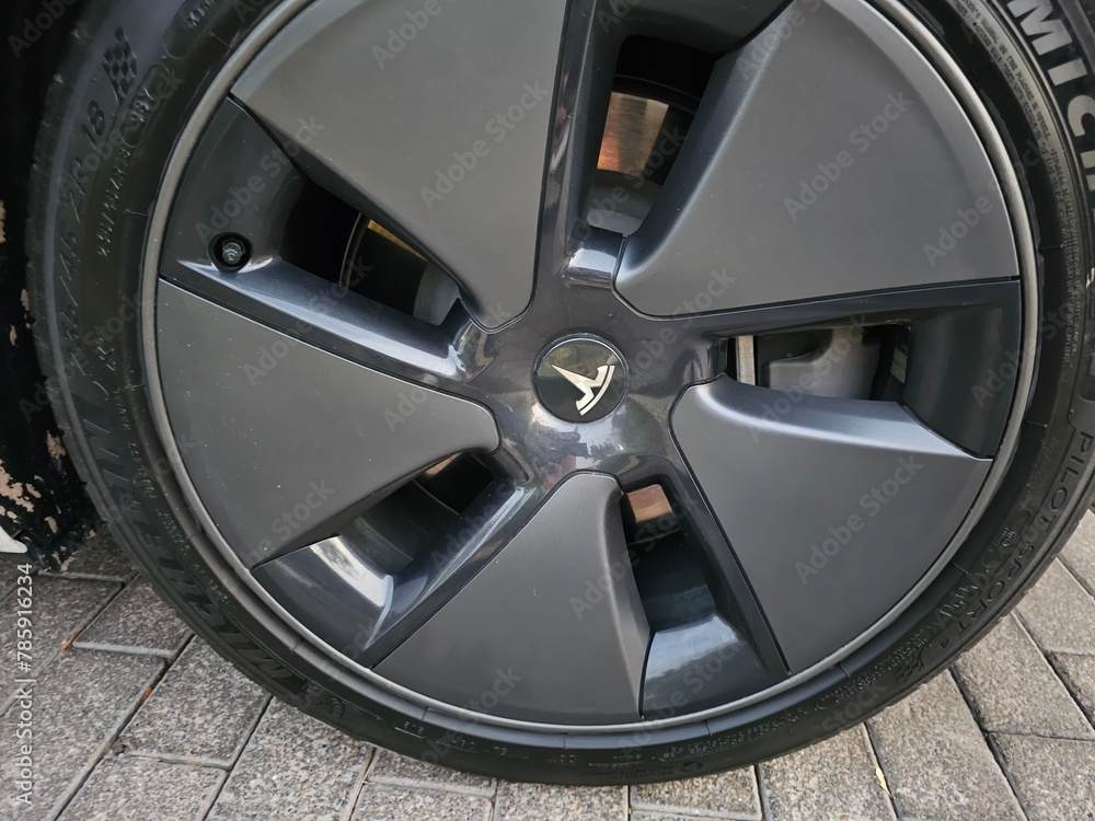 Dubai, United Arab Emirates - February 28, 2024, Tesla Logo on wheel of ...
