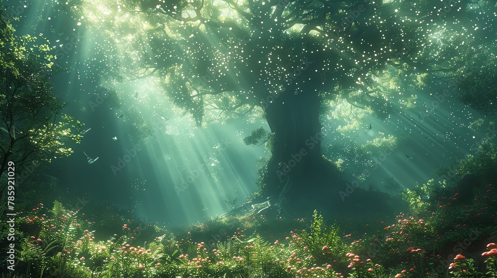 Illustrate a mystical forest scene from a worms-eye view, where ...