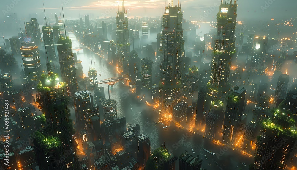 Visualize a birds-eye view of a bustling metropolis fused with ...
