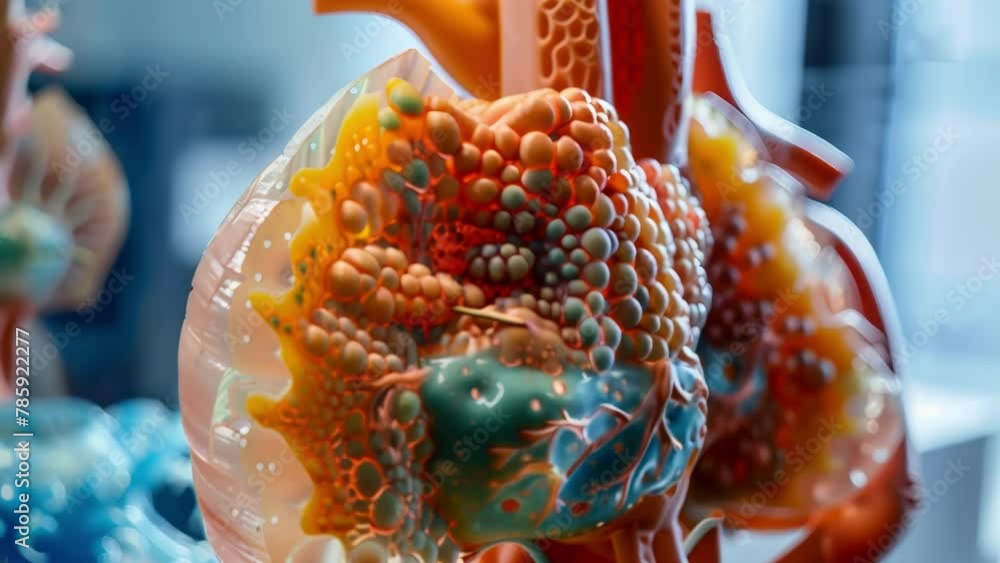A detail shot of a 3D printed organ model with visible layers and ...