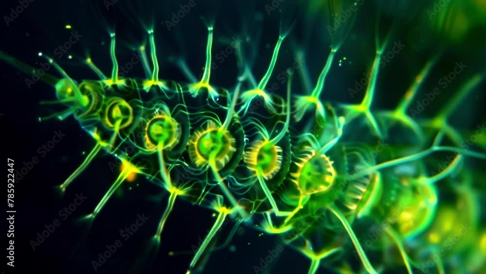A macrophotograph of a single phytoplankton cell its intricate structure and bright green ...