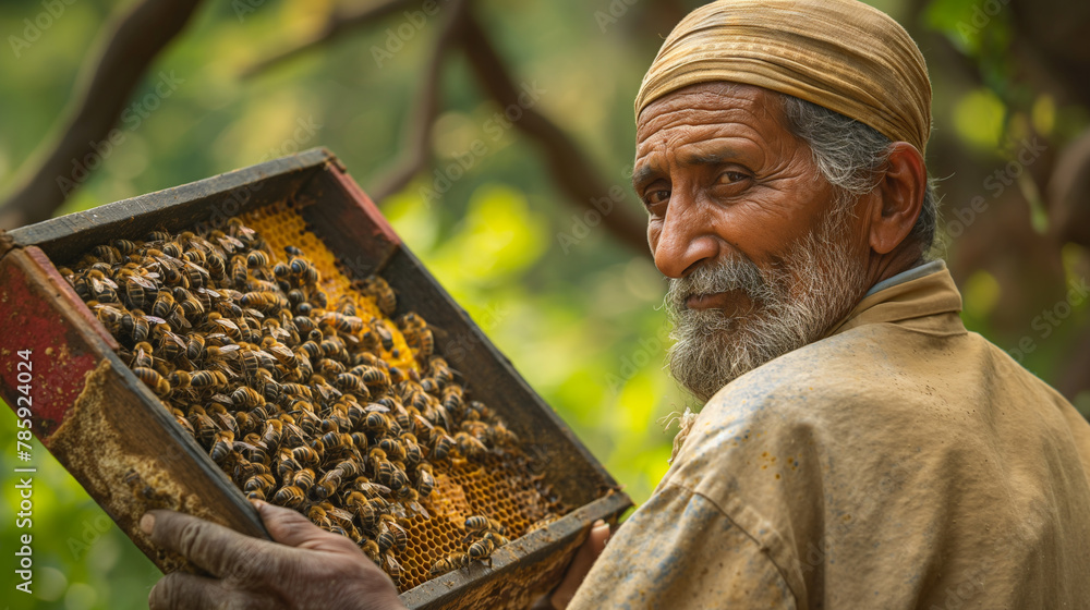 A happy Indian beekeeper, immersed in his work amidst rows of beehives in a bustling apiary, the ...