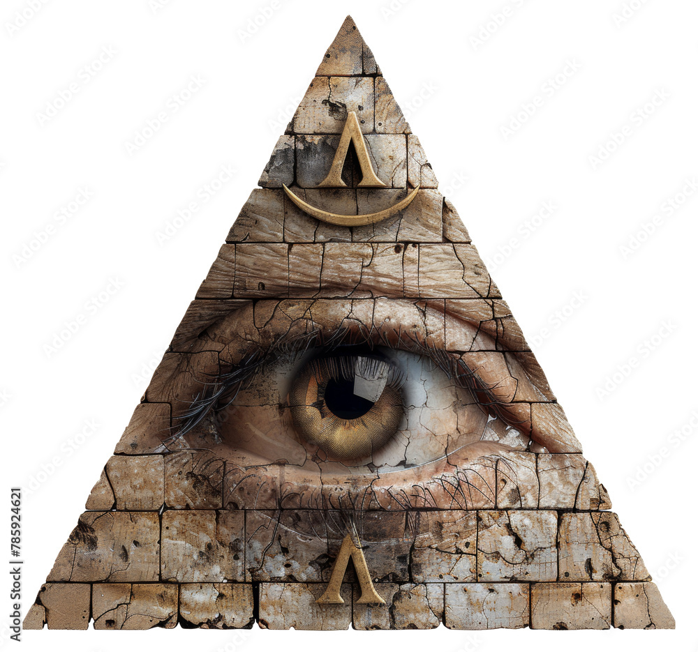 Illuminati eye symbol on a textured pyramid backdrop isolated on ...