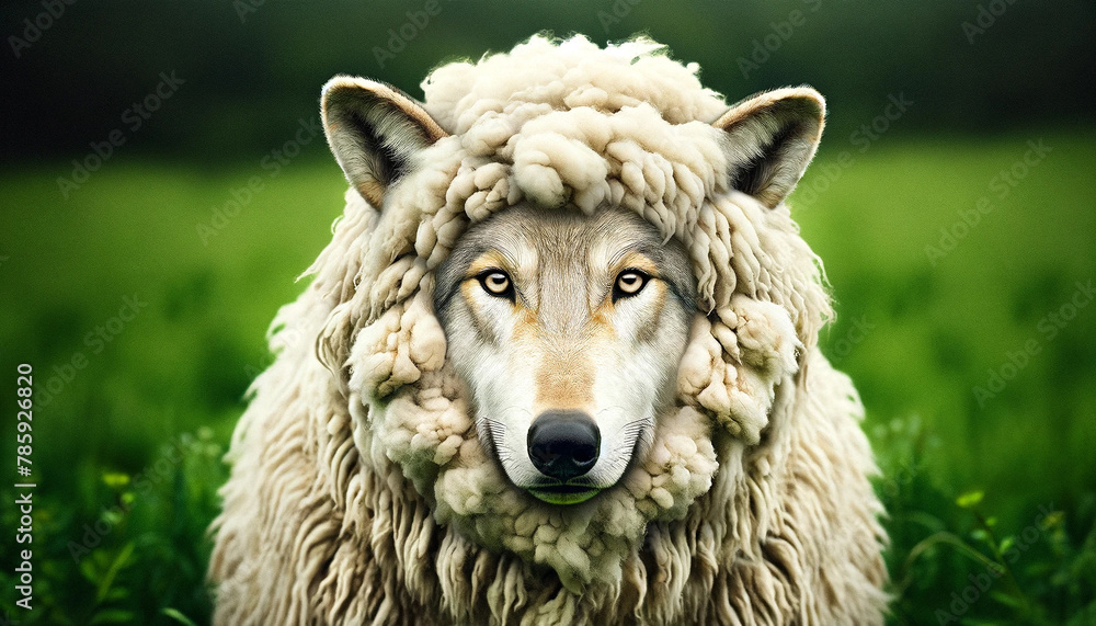 A wolf with fierce amber eyes sparkling through a hole in the sheep's ...