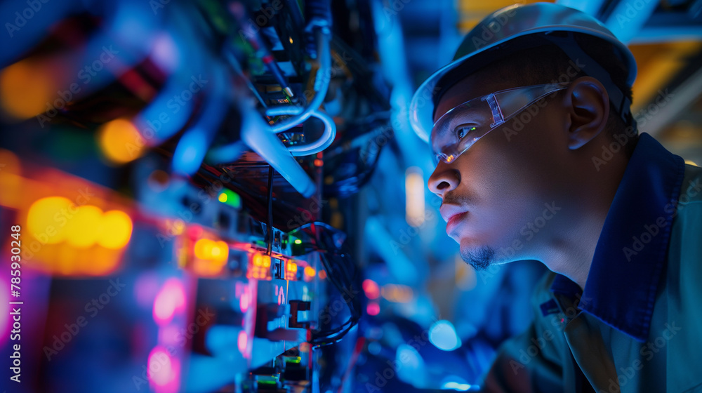 Surrounded by the hum of servers, a side view portrait captures a young ...