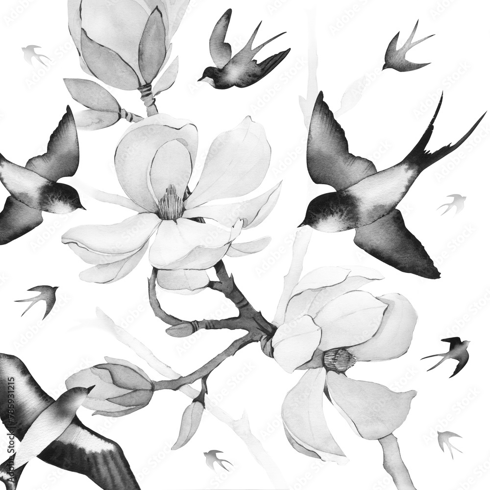 Swallow, martlet, flower wreath, background. Clear white sky. Barn ...