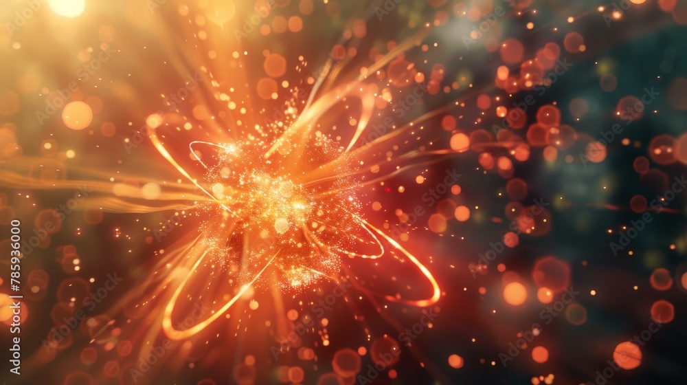 A close-up of an atom splitting apart in a burst of energy, symbolizing ...