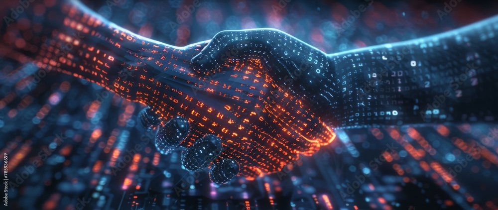 A digital handshake with glowing lines of code forming the connection, representing secure ...