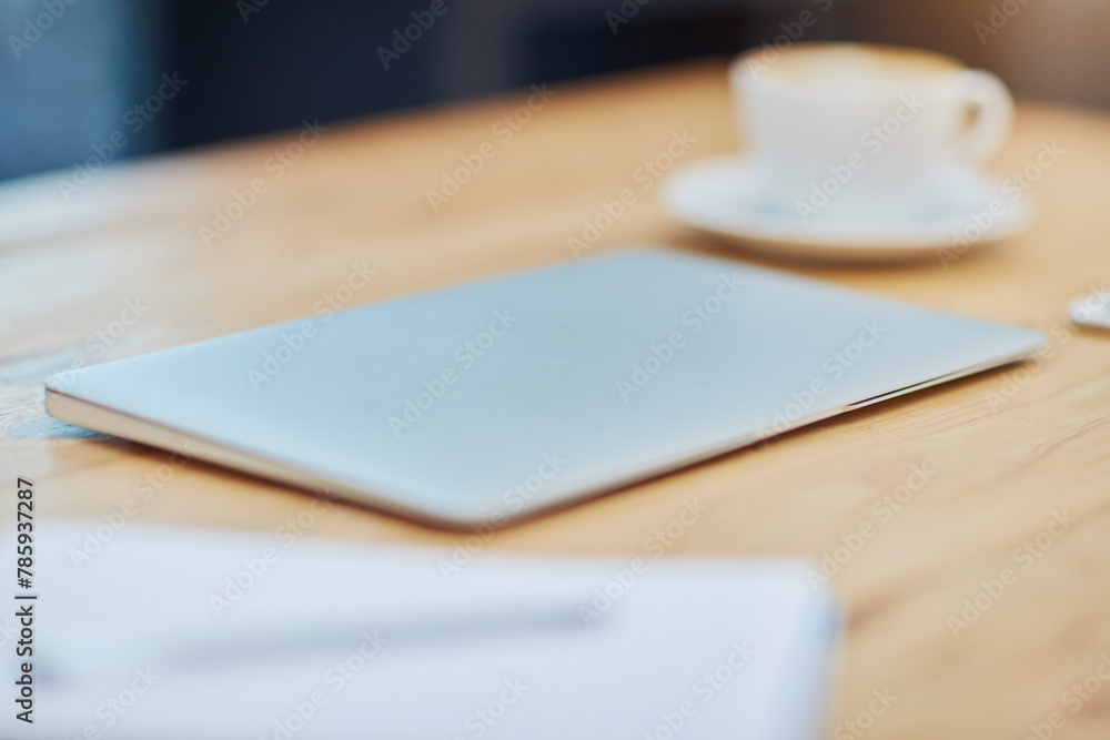 Laptop, coffee and paperwork on desk in workplace for crypto, stock ...