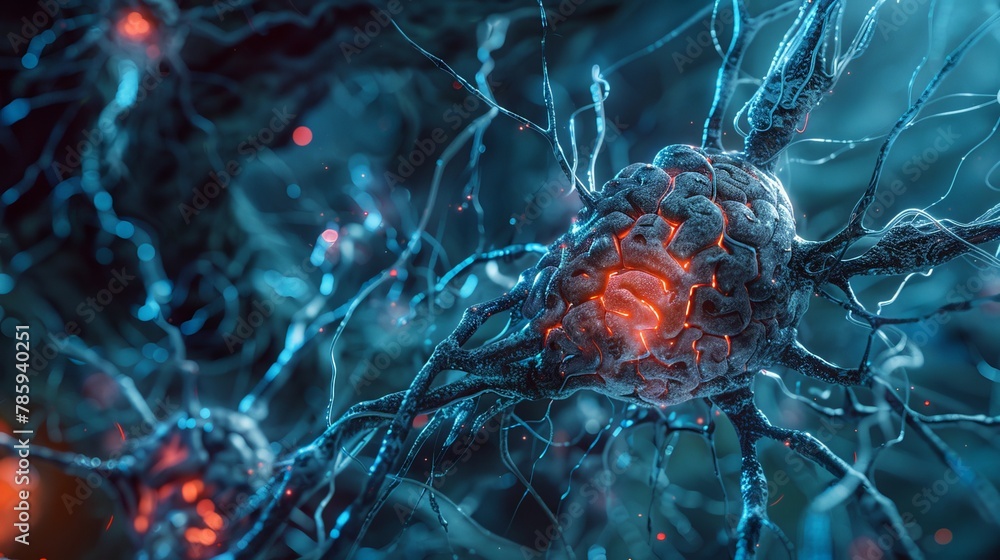 A microscopic view of a brain cell with nanobots repairing damaged ...