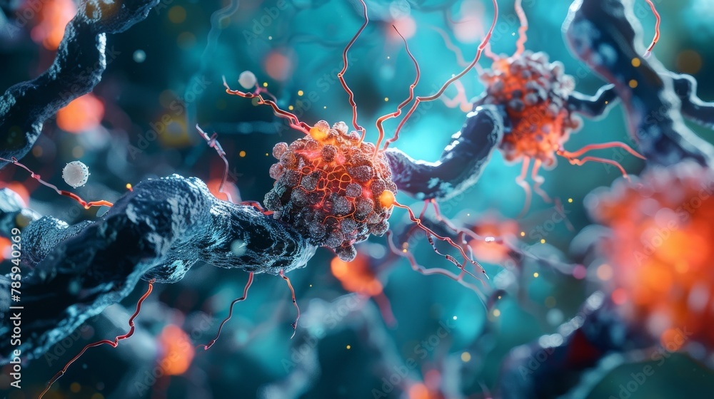 A microscopic view of a brain cell with nanobots repairing damaged neural connections. Highlight ...