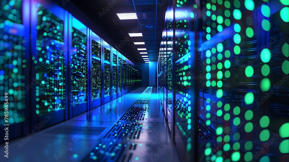 High Tech server room with advanced data center technology. The scene includes rows of large ...