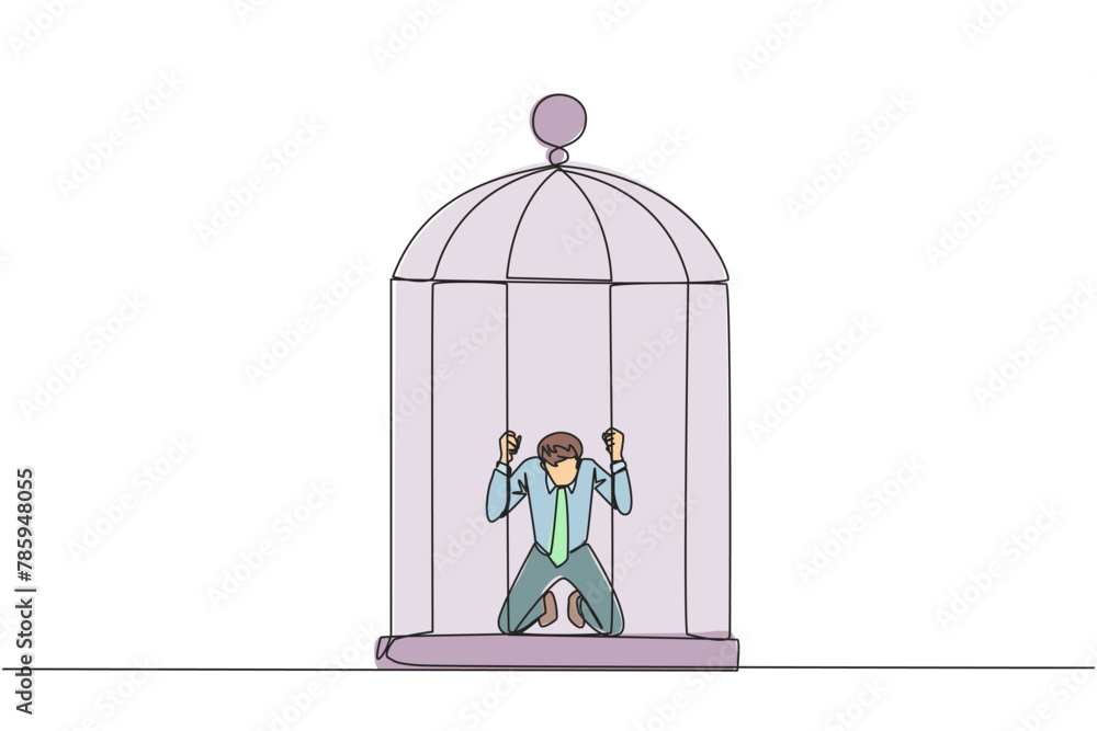 Continuous one line drawing businessman trapped in cage kneeling ...