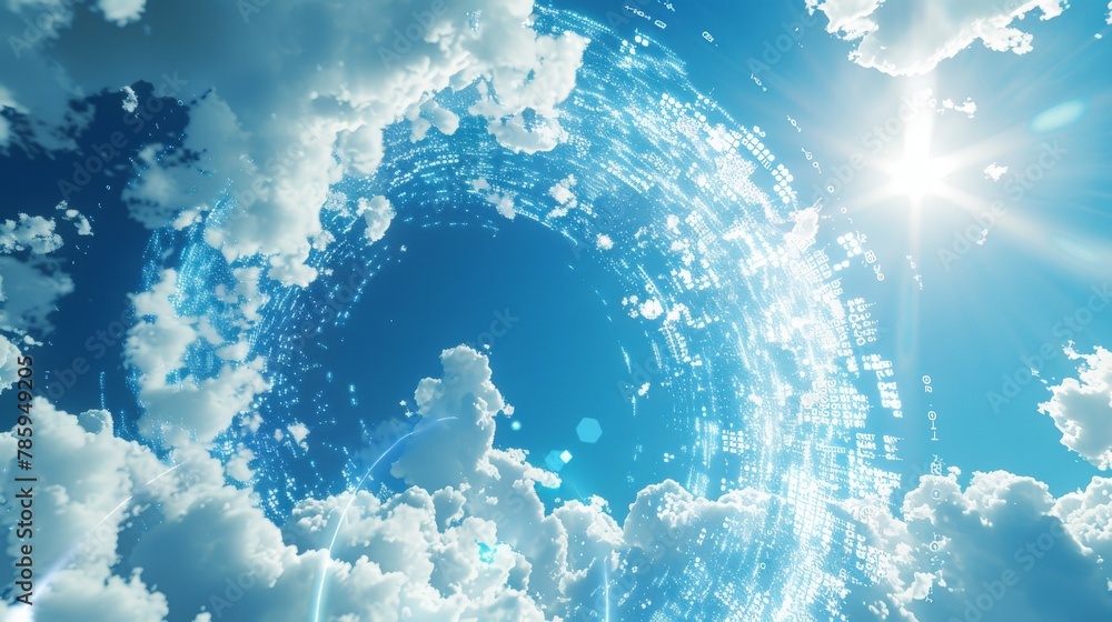 A swirling cloud formation in a bright blue sky, with data streams and ...